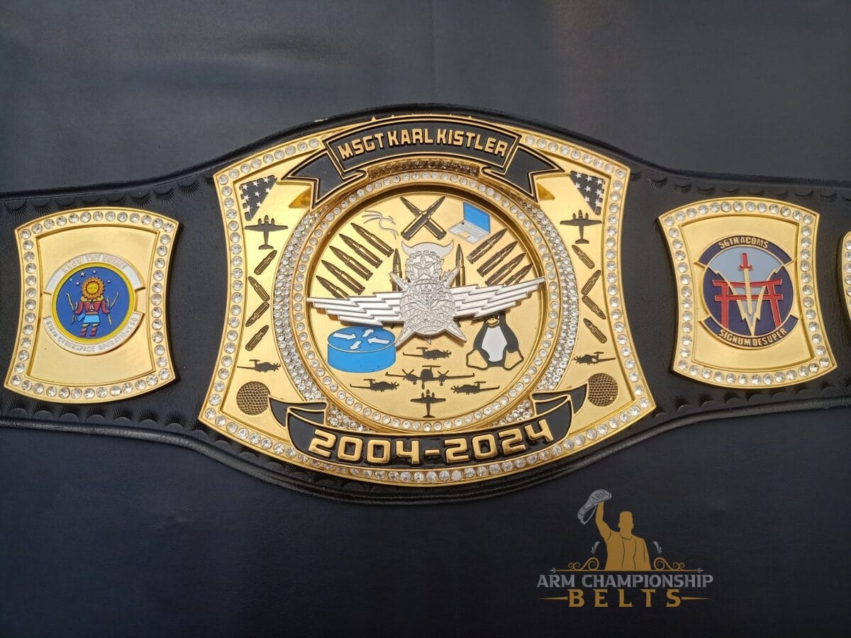 Custom Military Championship Belt With Spinner Plate And Engraved Badges