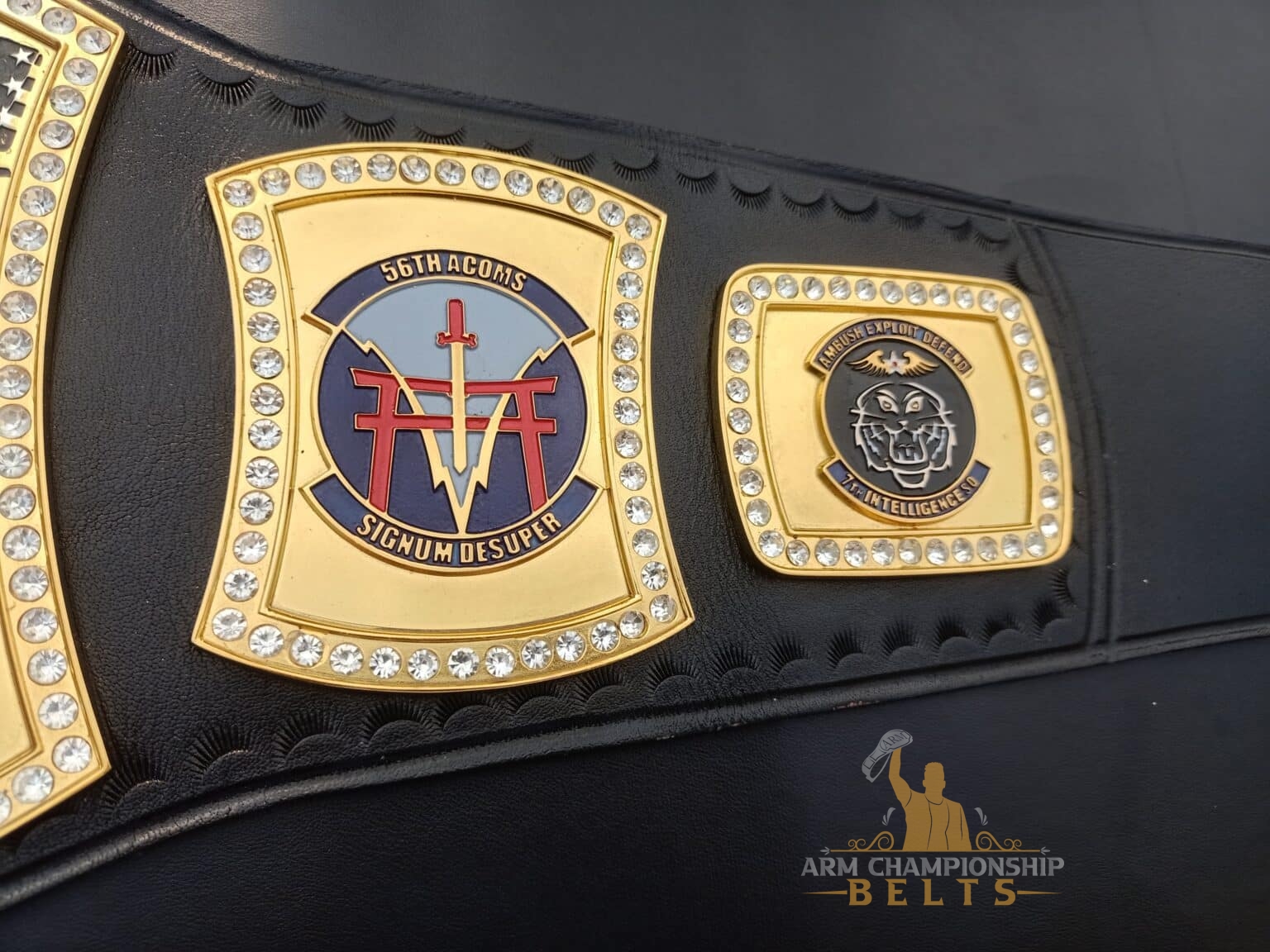 Custom Military Championship Belt With Spinner Plate And Engraved Badges