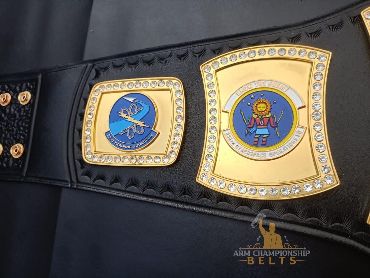 Custom Military Championship Belt With Spinner Plate And Engraved Badges