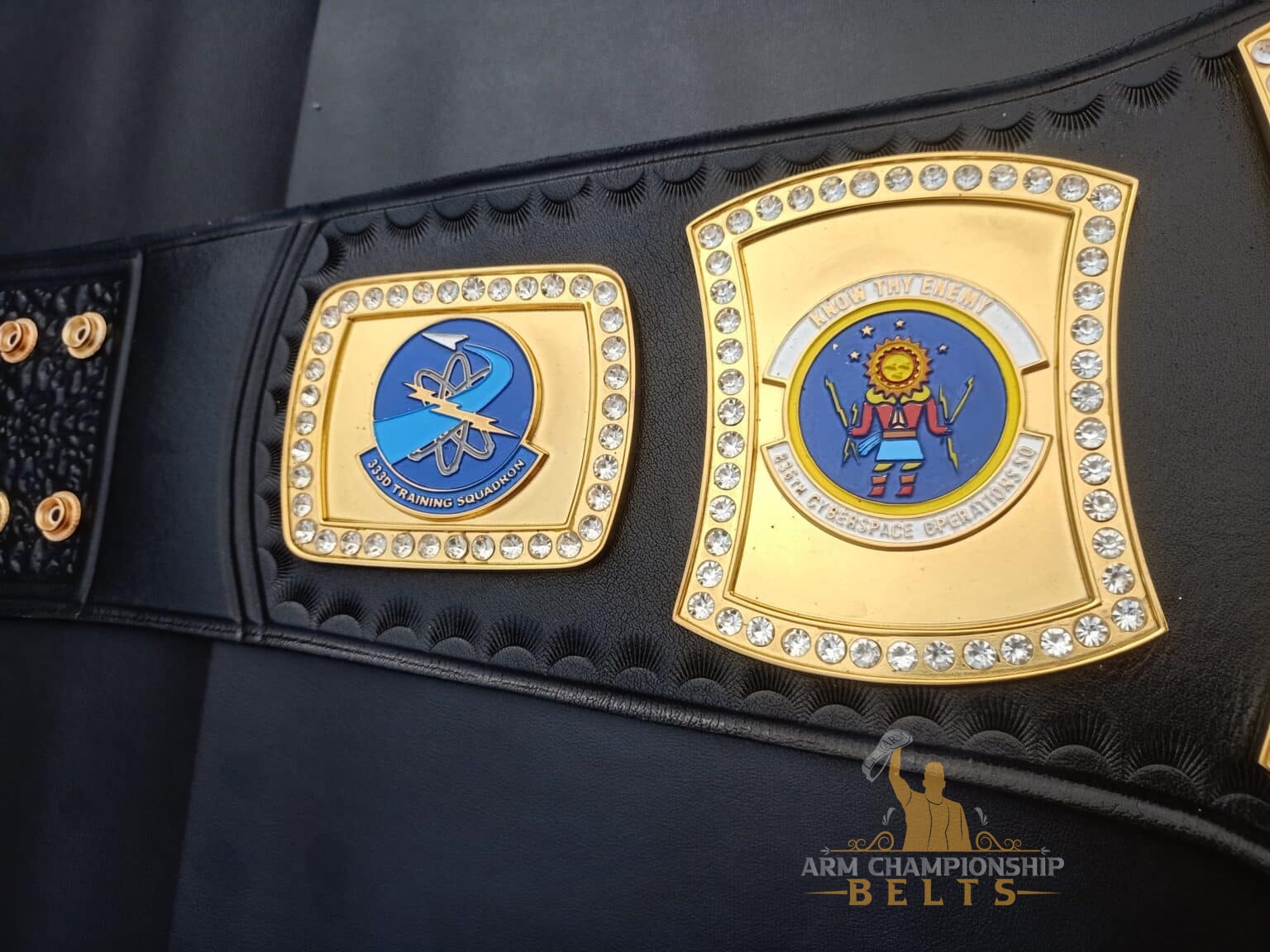 Custom Military Championship Belt With Spinner Plate And Engraved Badges
