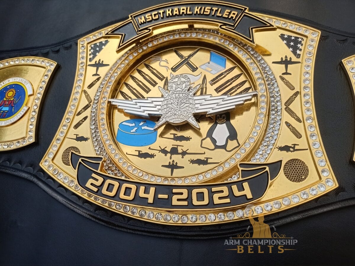 Custom Military Championship Belt With Spinner Plate And Engraved Badges