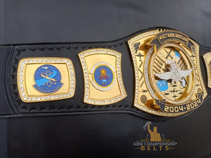 Custom Military Championship Belt With Spinner Plate And Engraved Badges